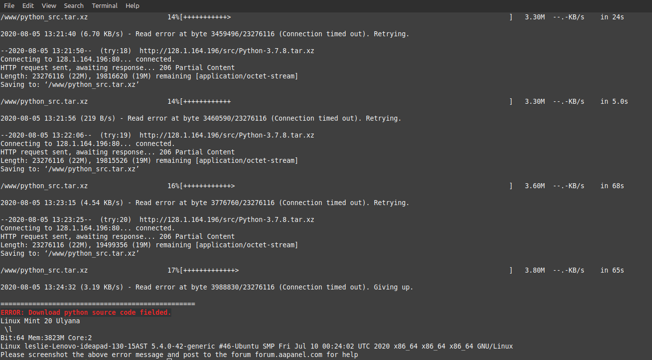 ERROR: Download python source code fielded. - aaPanel - Free Hosting control panel. One-click ...