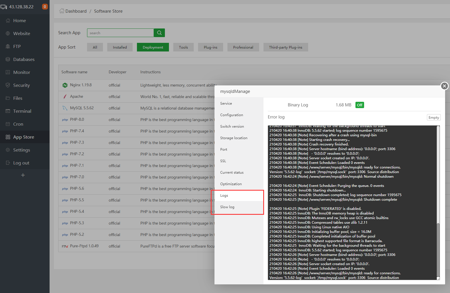 Huge Log Mysql Aapanel Free Hosting Control Panel One Click Lamp