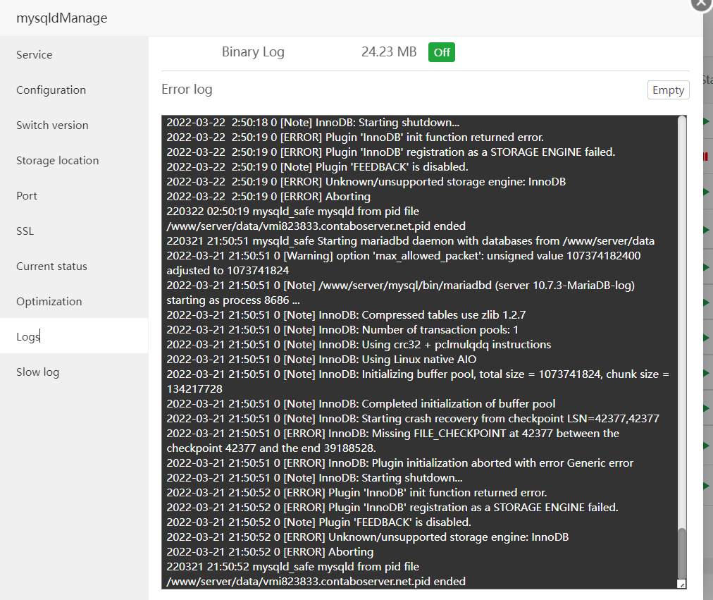 Mysql 1073 Mariadb Wont Start Aapanel Free Hosting Control Panel One Click Lamplemp