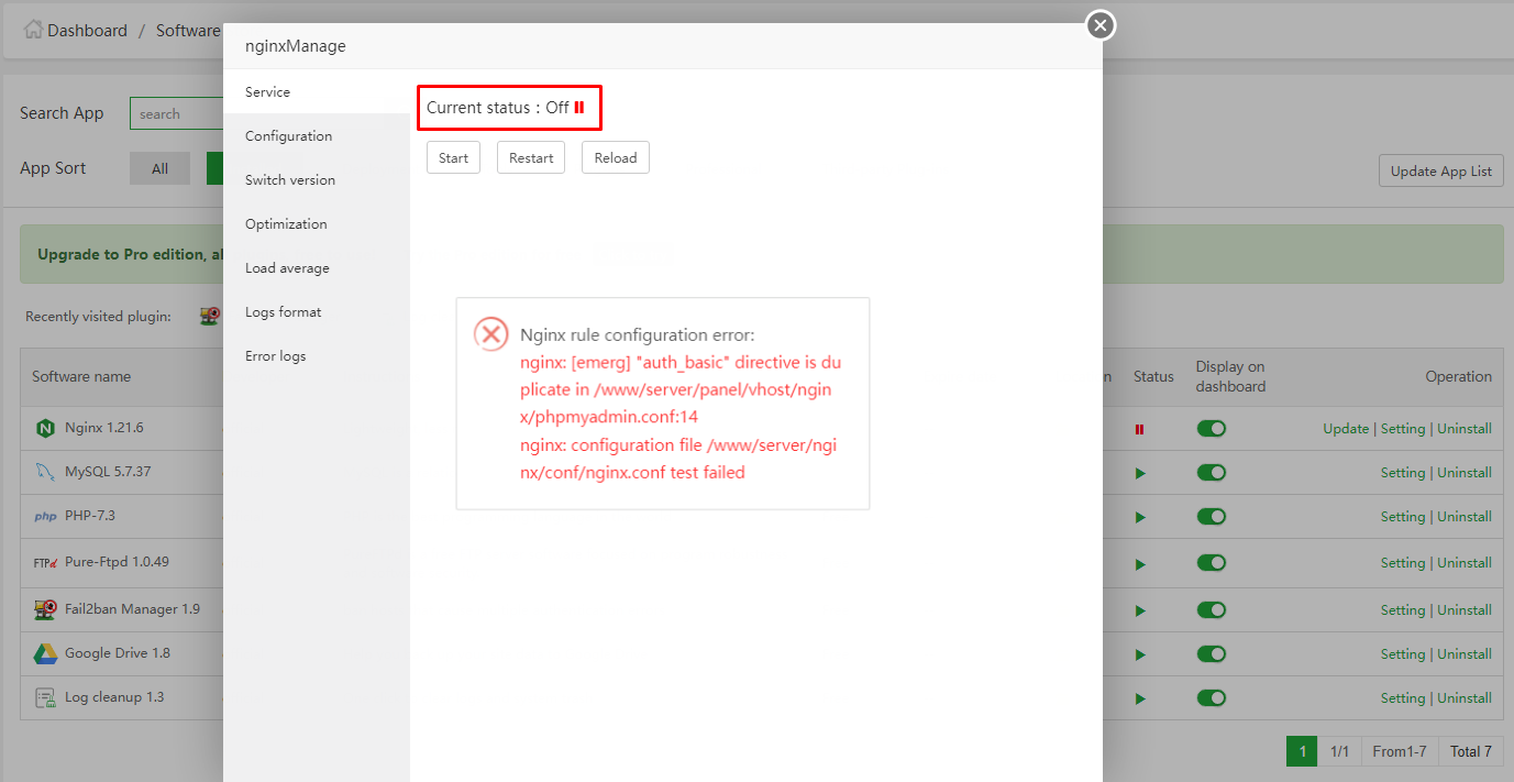 Stop nginx server - aaPanel - Free Hosting control panel. One-click LAMP/LEMP.