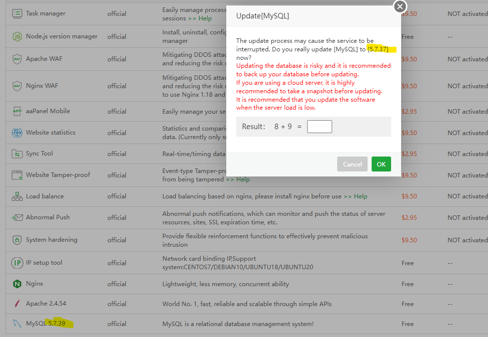 Upgrading Mysql seems to want a lower version in AAPanel - aaPanel - Free Hosting control panel ...