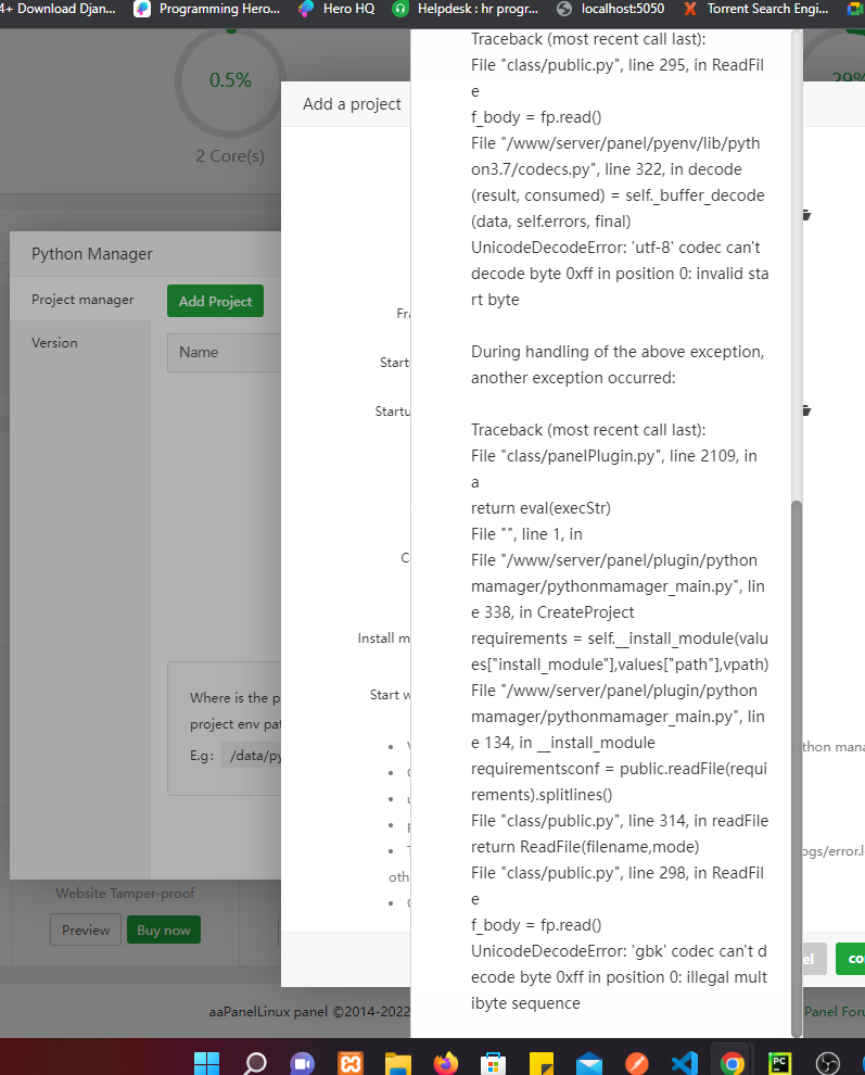 Python manager can't working - aaPanel - Free Hosting control panel. One-click LAMP/LEMP.