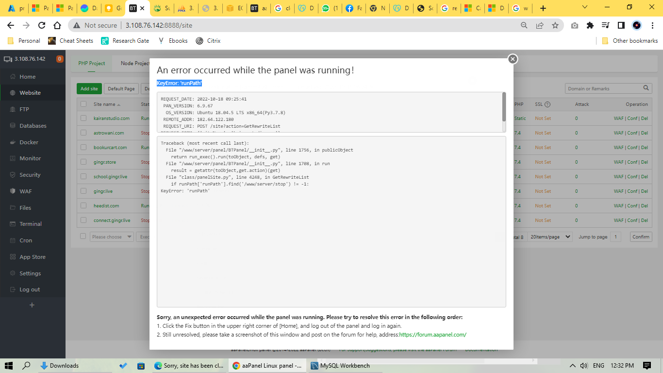 KeyError: 'runPath' - aaPanel - Free Hosting control panel. One-click LAMP/LEMP.