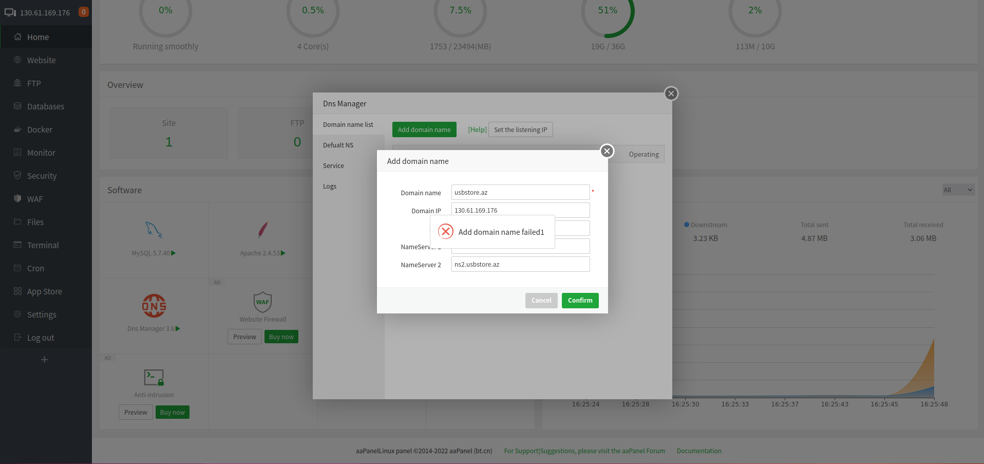 Add Domain Name Failed1 Aapanel Free Hosting Control Panel One Click Lamplemp