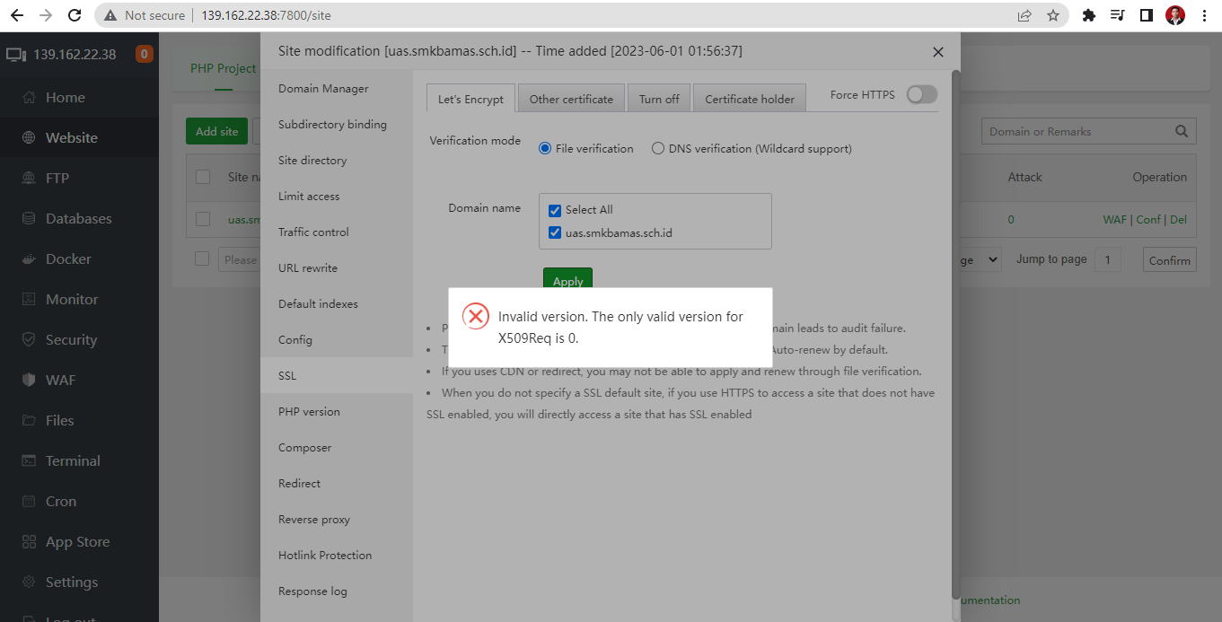Invalid Version While Apply SSL - aaPanel - Free Hosting control panel. One-click LAMP/LEMP.