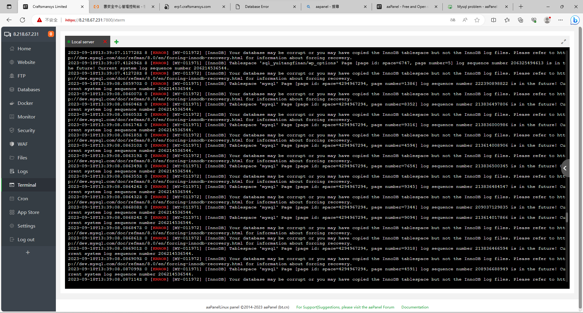 Can Not Start Mysql Aapanel Free Hosting Control Panel One Click Lamplemp
