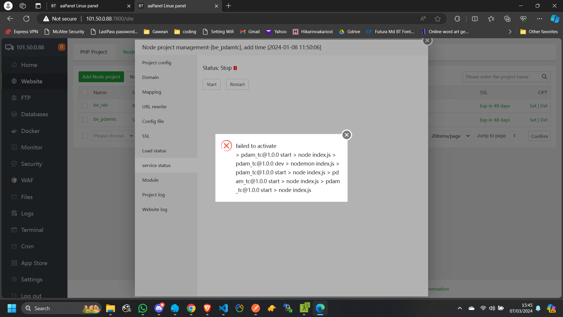 my node project suddenly can't start - aaPanel - Free Hosting control panel. One-click LAMP/LEMP.