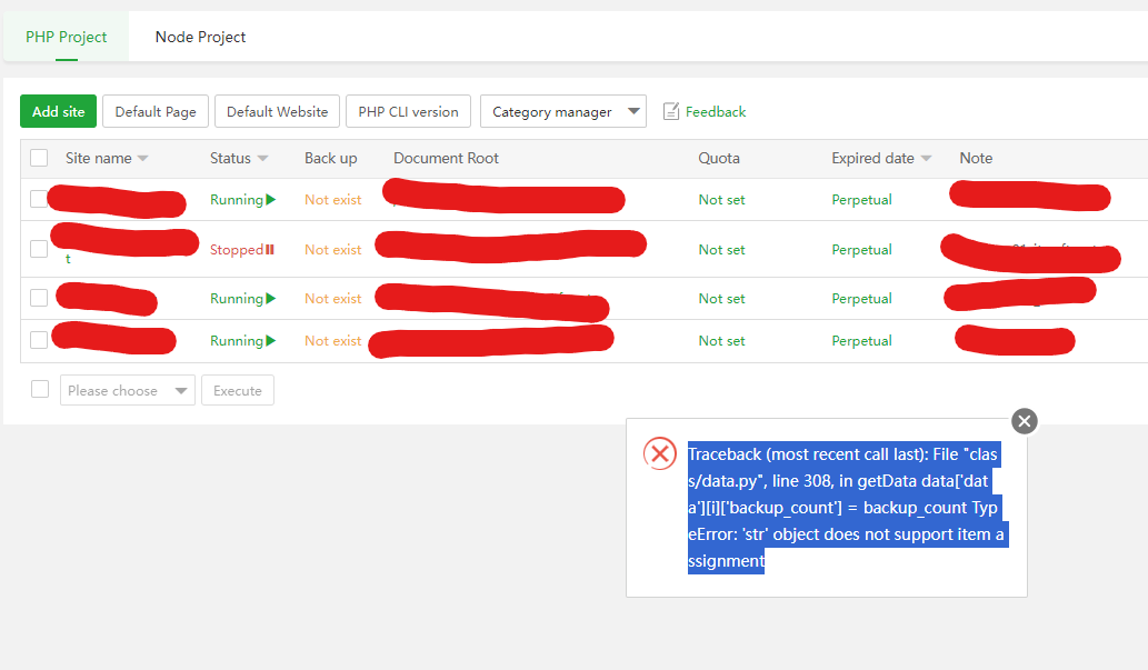 WebSite>Sorting by Site name error - aaPanel - Free Hosting control ...
