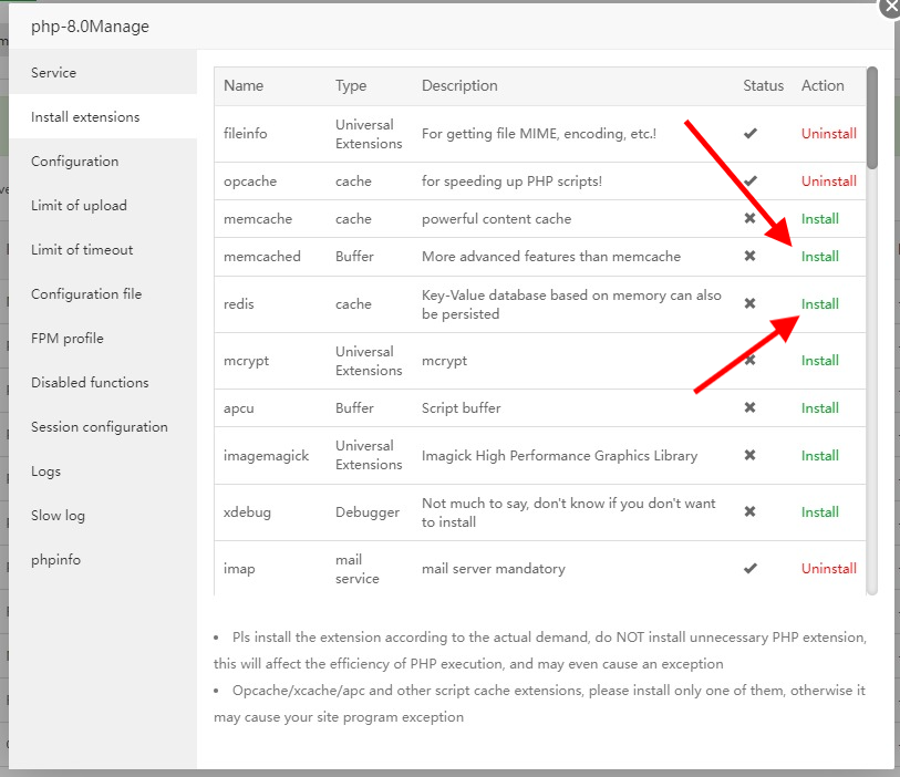 Unable to install Redis and Memcached - aaPanel - Free Hosting control panel. One-click LAMP/LEMP.