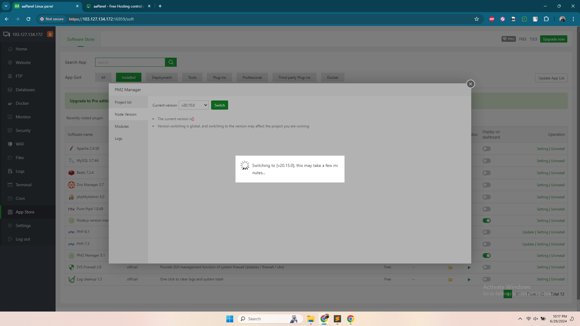 Pm2 Manager Cant Switch Version Aapanel Free Hosting Control Panel One Click Lamplemp