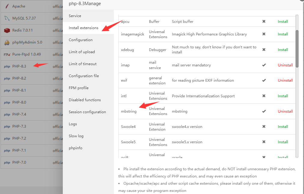 Mbstring not enabled in PHP 8.3 - aaPanel - Free Hosting control panel. One-click LAMP/LEMP.
