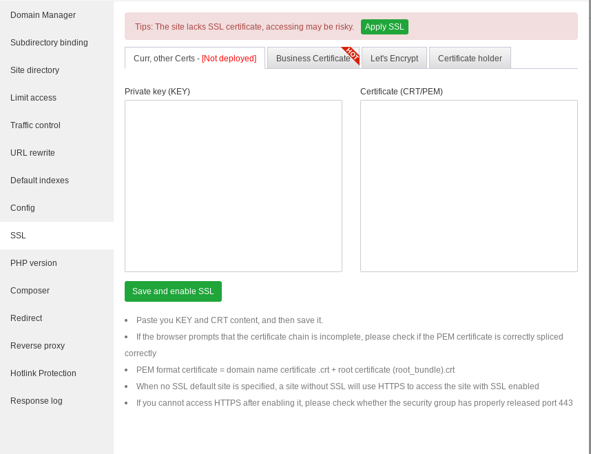 Why enable to deploy the free SSL - aaPanel - Free Hosting control panel. One-click LAMP/LEMP.