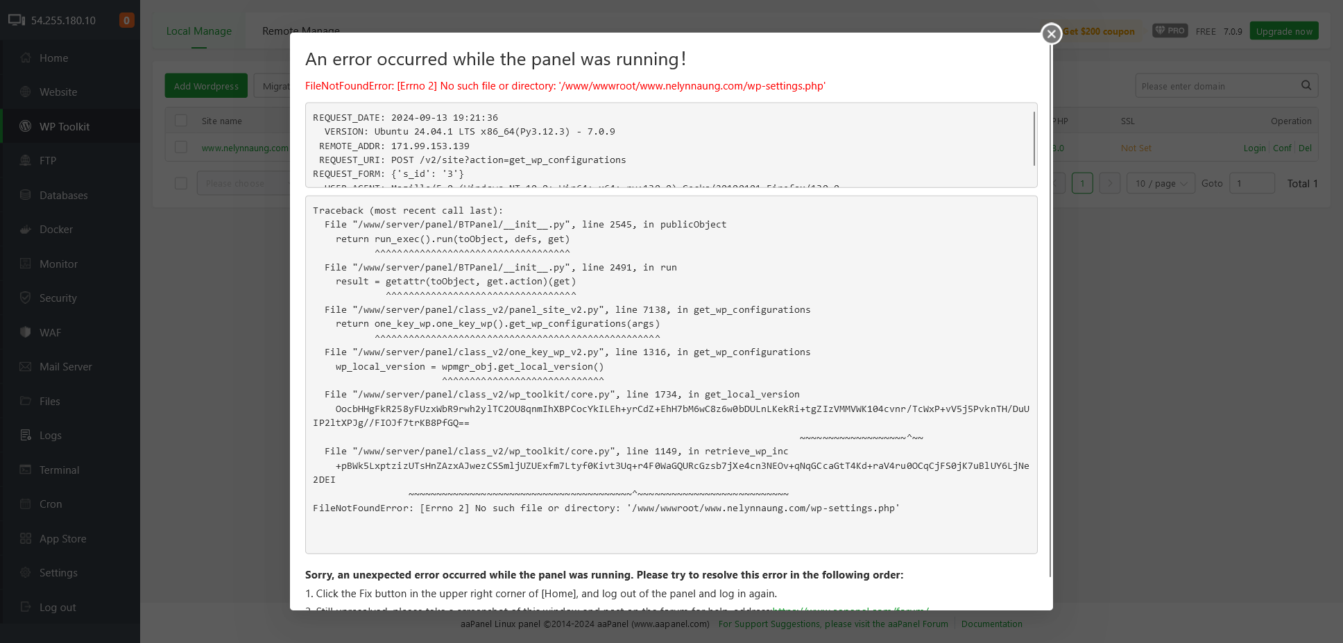 WP Toolkit installation failed - aaPanel - Free Hosting control panel. One-click LAMP/LEMP.