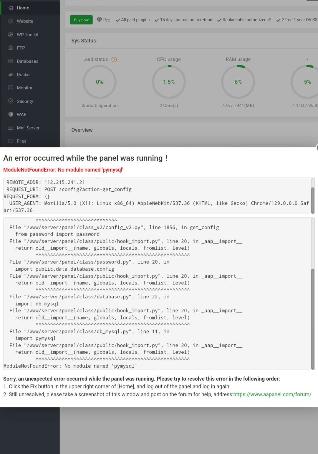 Pymysql error - aaPanel - Free Hosting control panel. One-click LAMP/LEMP.