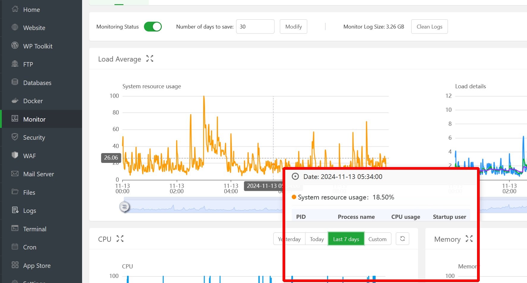 Minor bug on MONITOR tab - aaPanel - Free Hosting control panel. One ...