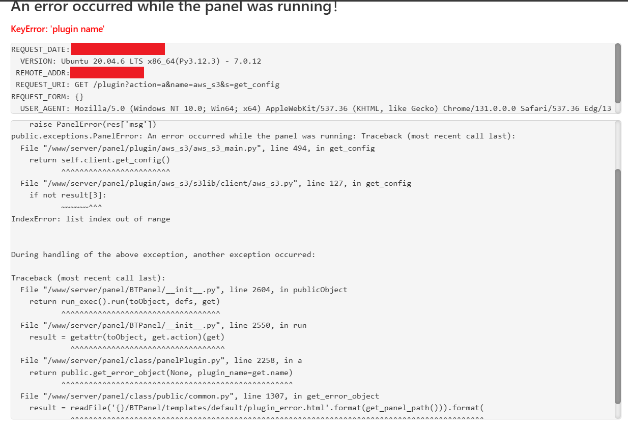 S3 Error after last update: KeyError: 'plugin name' - aaPanel - Free Hosting control panel. One ...