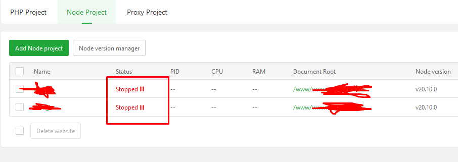 Node Project Status Issue Aapanel Free Hosting Control Panel One Click Lamplemp