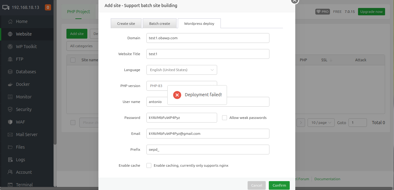 Deployment Failed In Wordpress Installs Aapanel Free Hosting Control Panel One Click Lamplemp