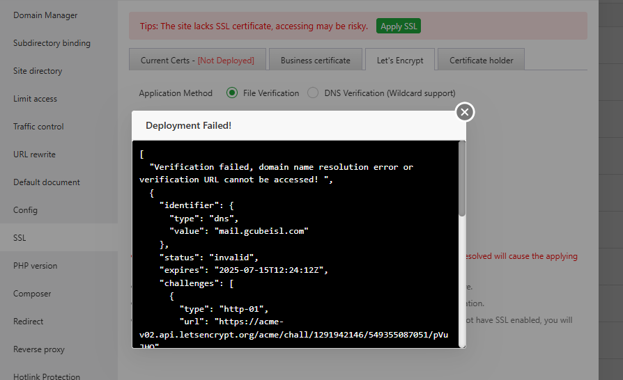Unable To Add Lets Encrypt Ssl Aapanel Free Hosting Control Panel One Click Lamplemp