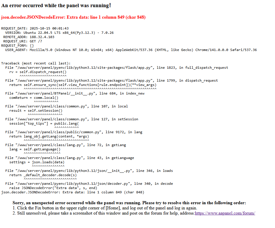 json.decoder.JSONDecodeError: Extra data: line 1 column 849 - aaPanel - Free Hosting control ...